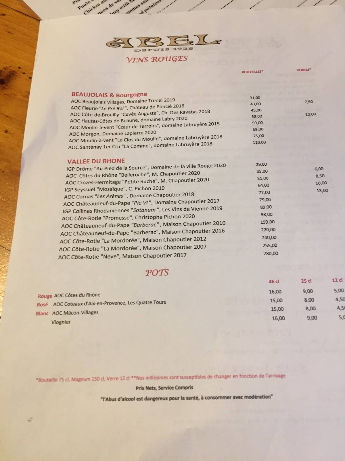 Menu at Café Comptoir Abel, Lyon