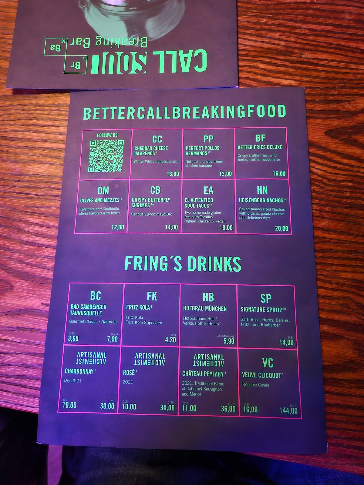 Speisekarte von CALL SOUL - Breaking Bar, München