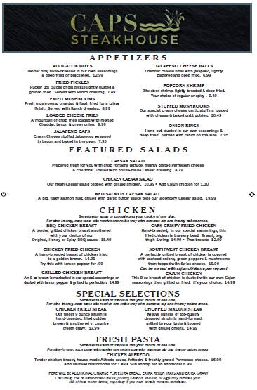 Menu at CAPS Steakhouse, Mannford, 68 Industrial Dr