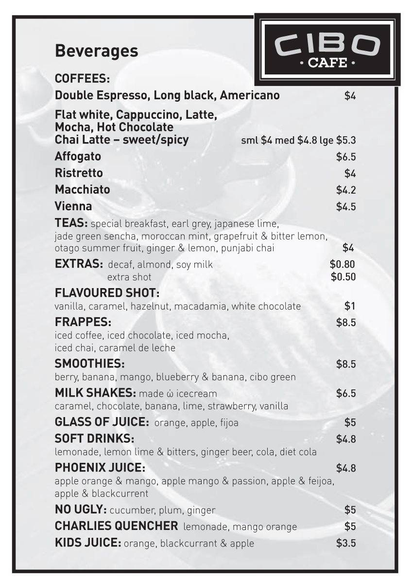 Menu at CIBO Cafe, Whangarei