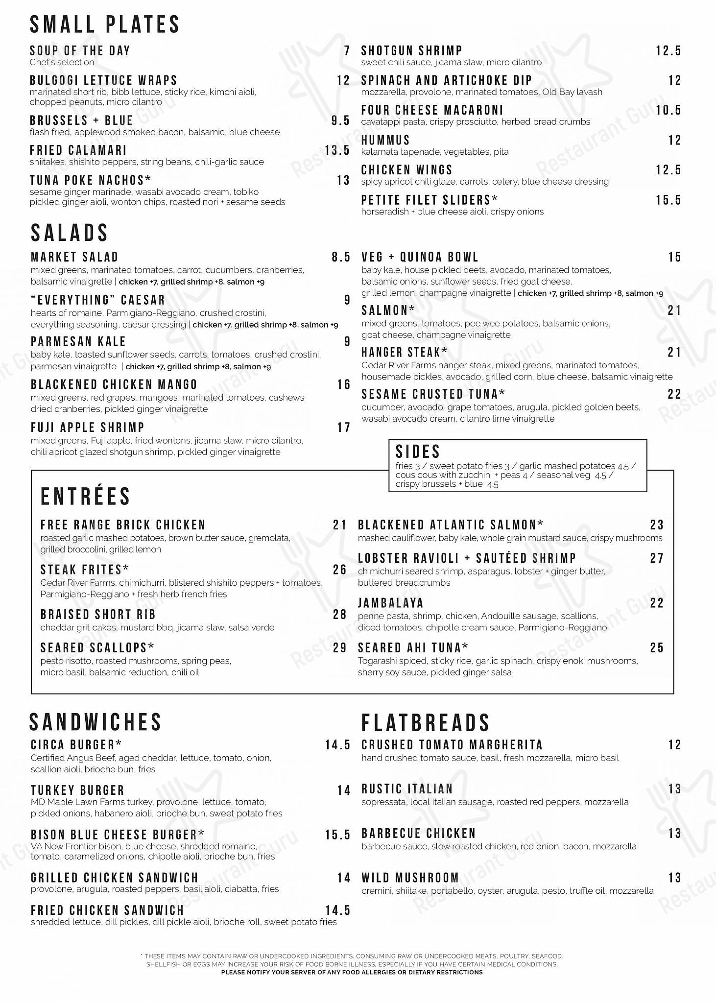 Menu at CIRCA at Navy Yard restaurant, Washington
