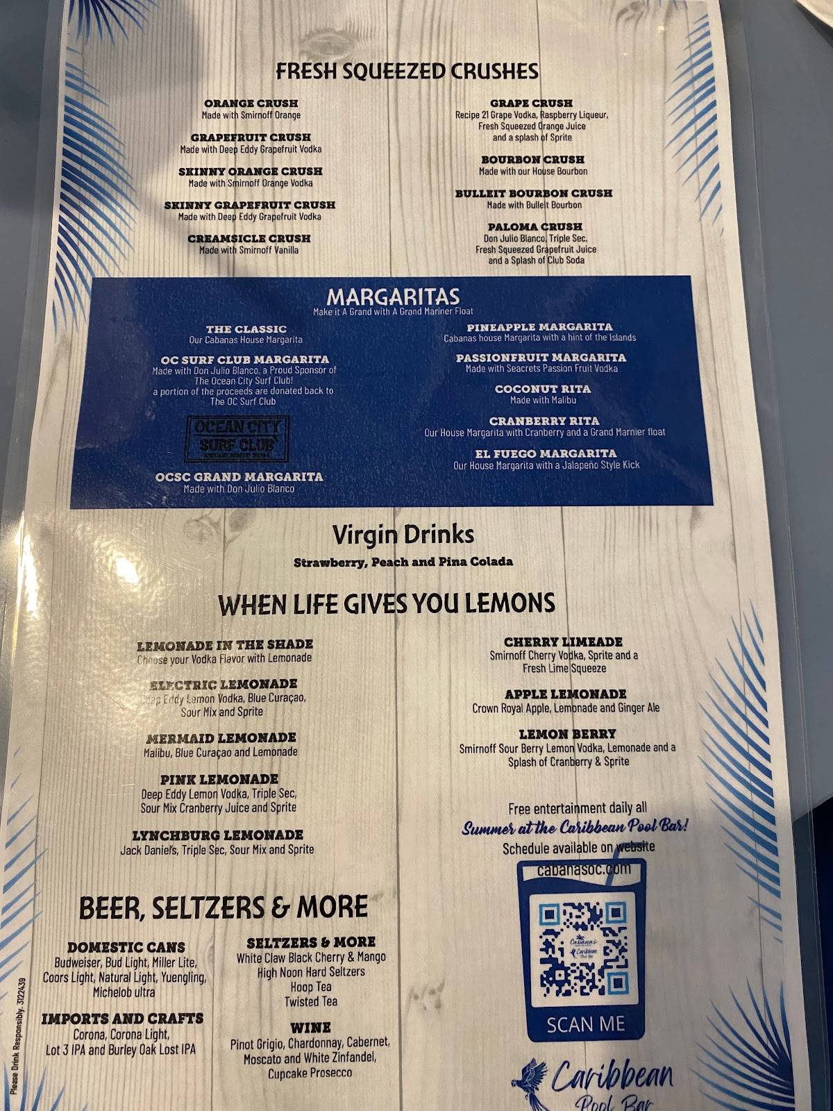 Menu at Cabanas Beach Bar & Grille, Ocean City