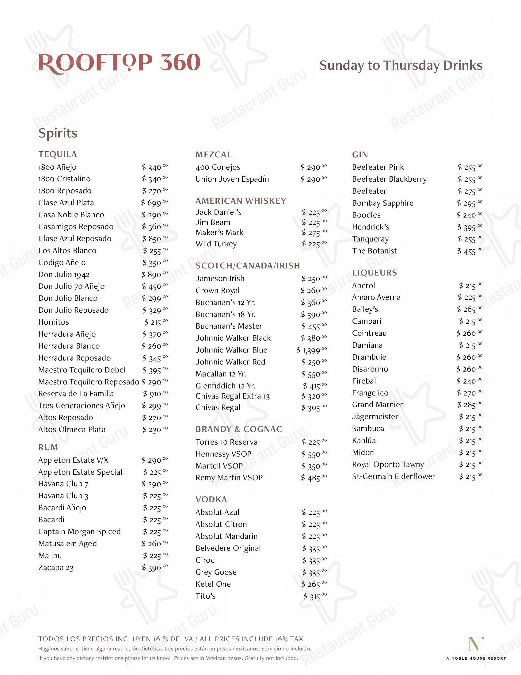 Carta del pub y bar The Rooftop 360, Cabo San Lucas