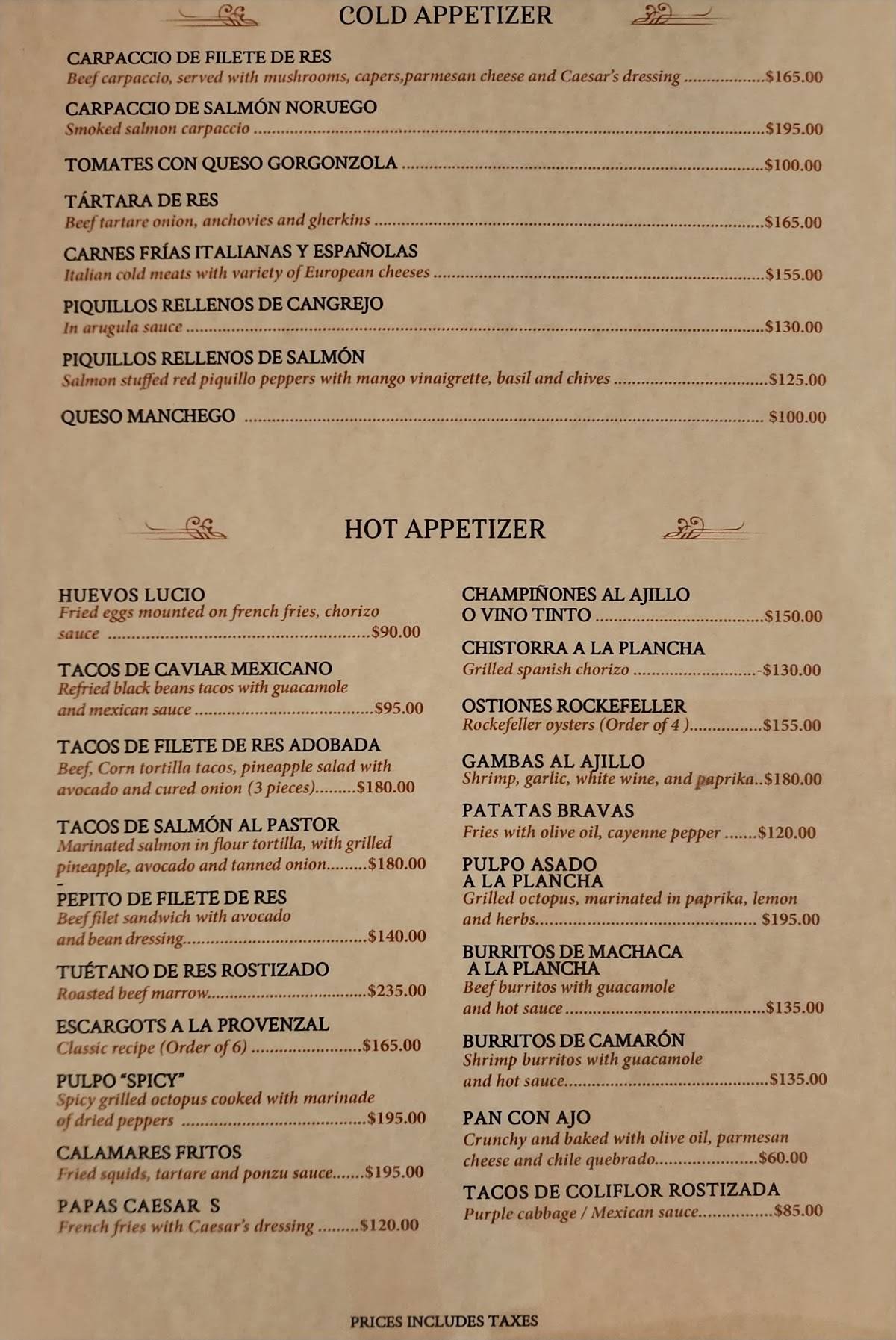 Menu at Caesar's pub & bar, Tijuana, Av. Revolución 8190