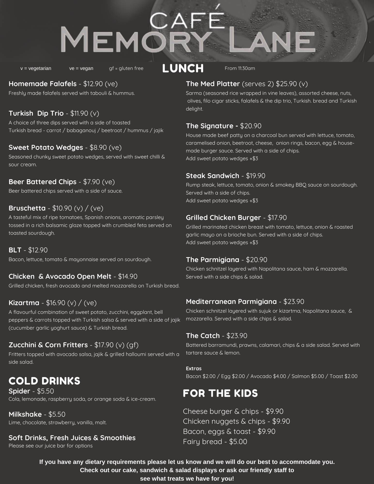 Menu at Cafe Memory Lane, Russell Island