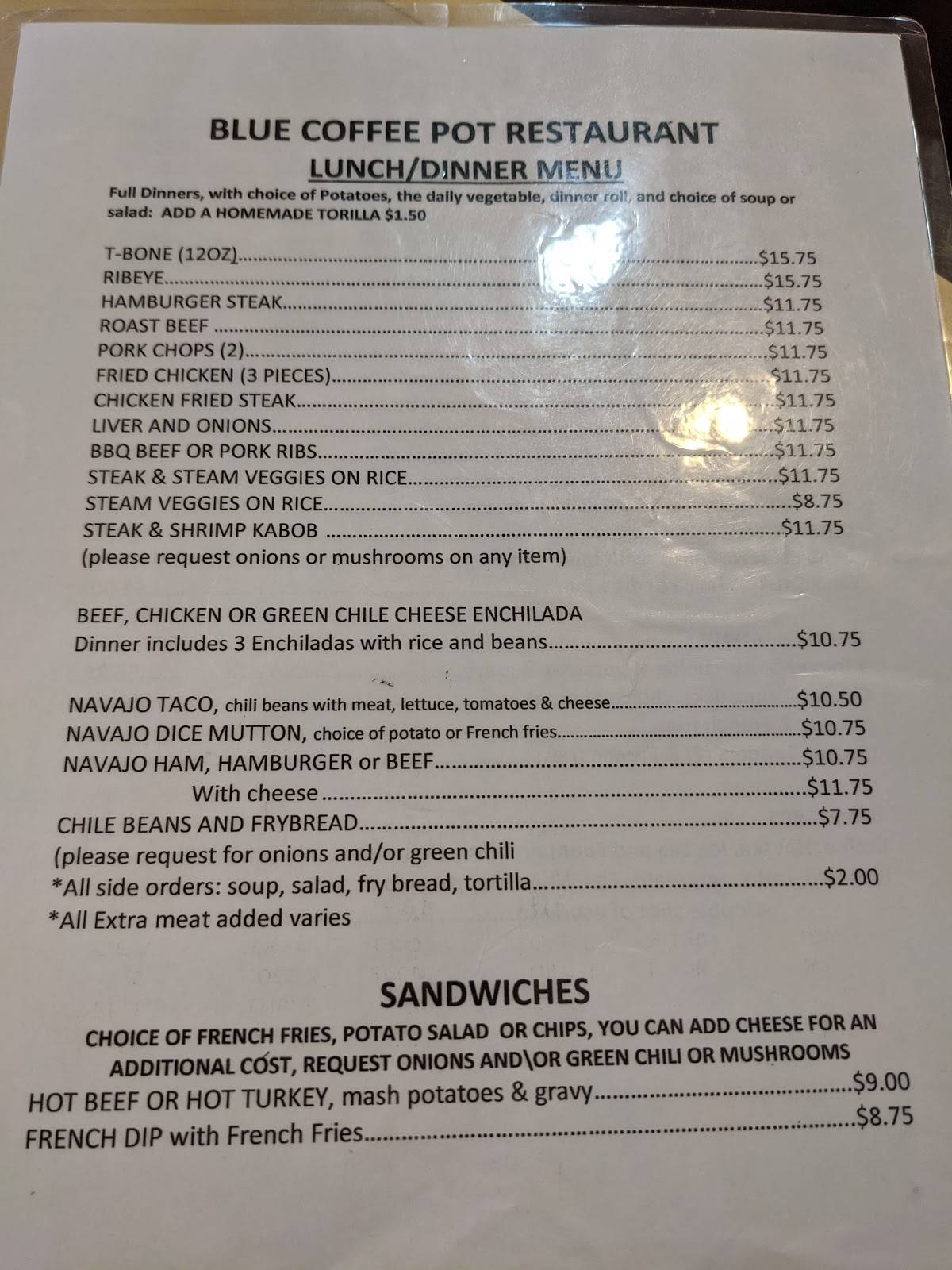 Menu at Blue Coffee Pot Restaurant, Kayenta