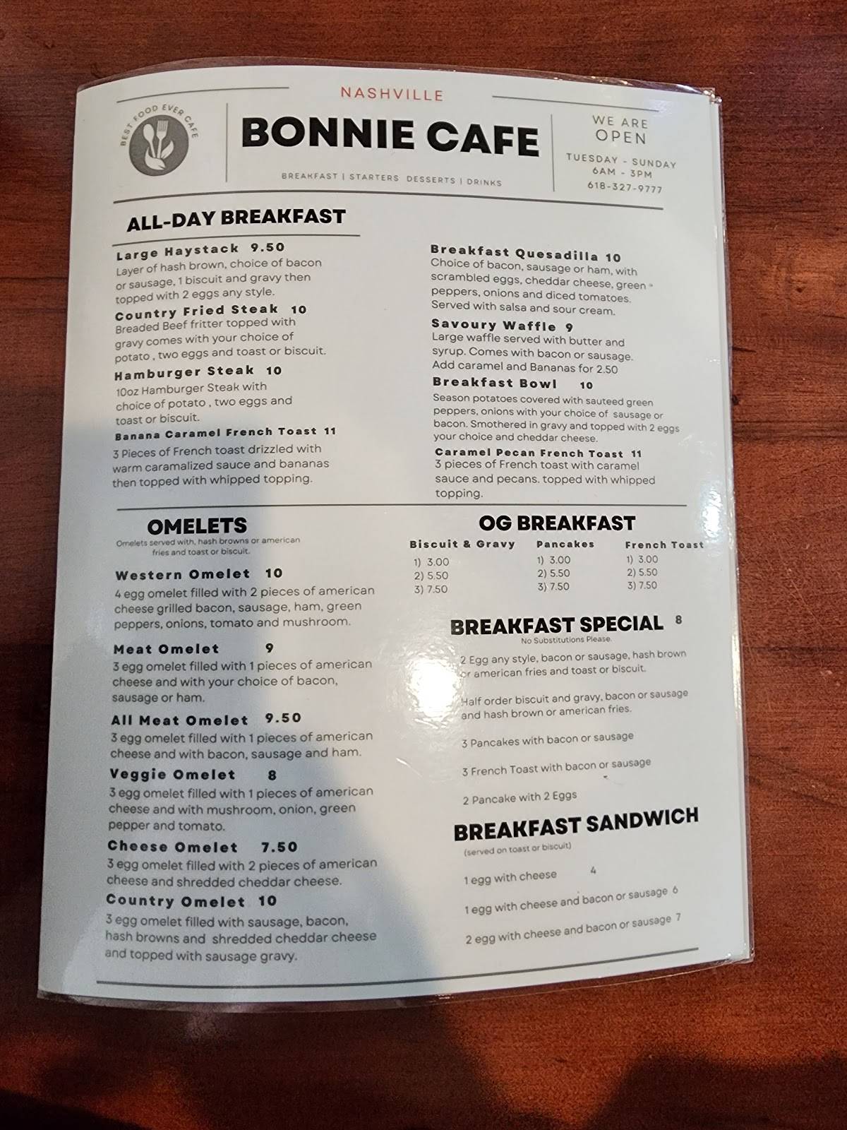 Menu at Bonnie Cafe, Nashville