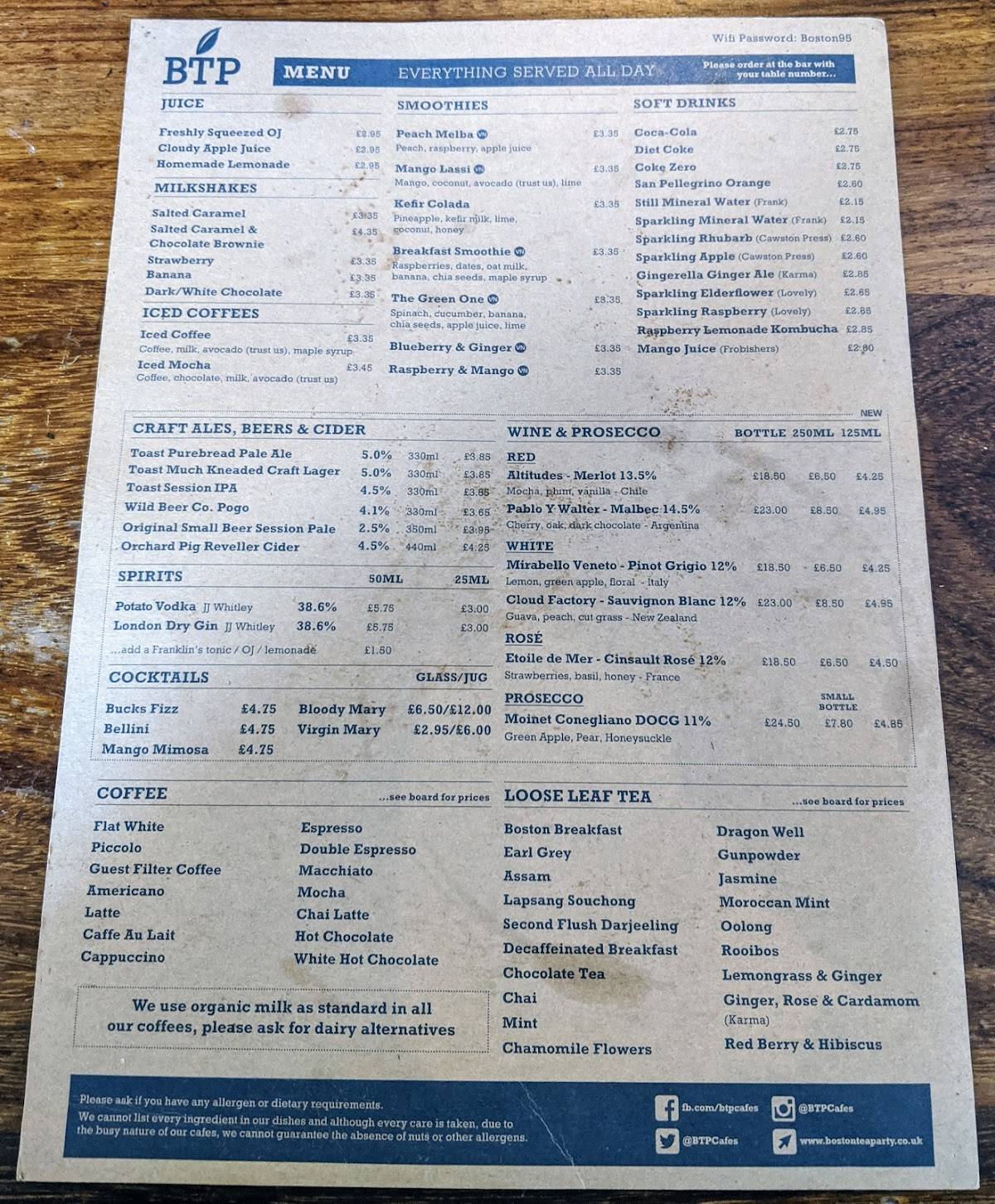Menu at Boston Tea Party cafe, Exeter