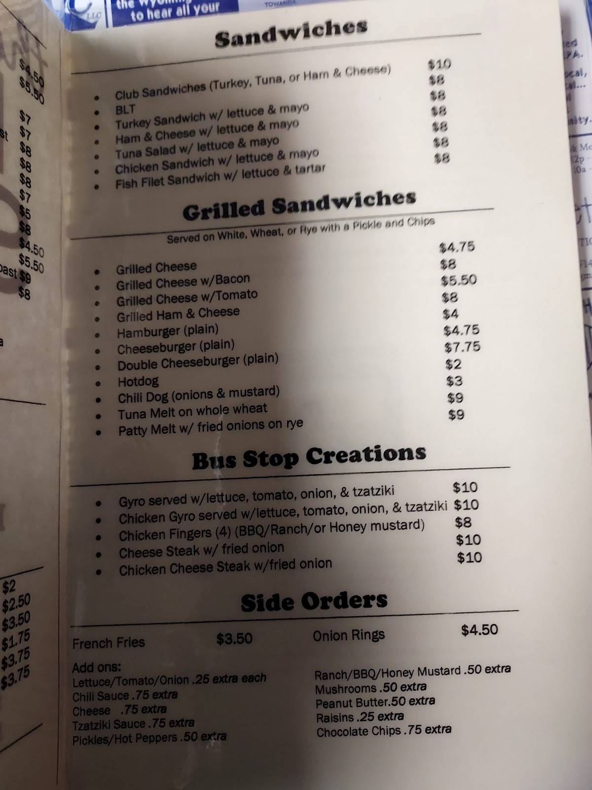 Menu at Bus Stop Cafe, Nanticoke