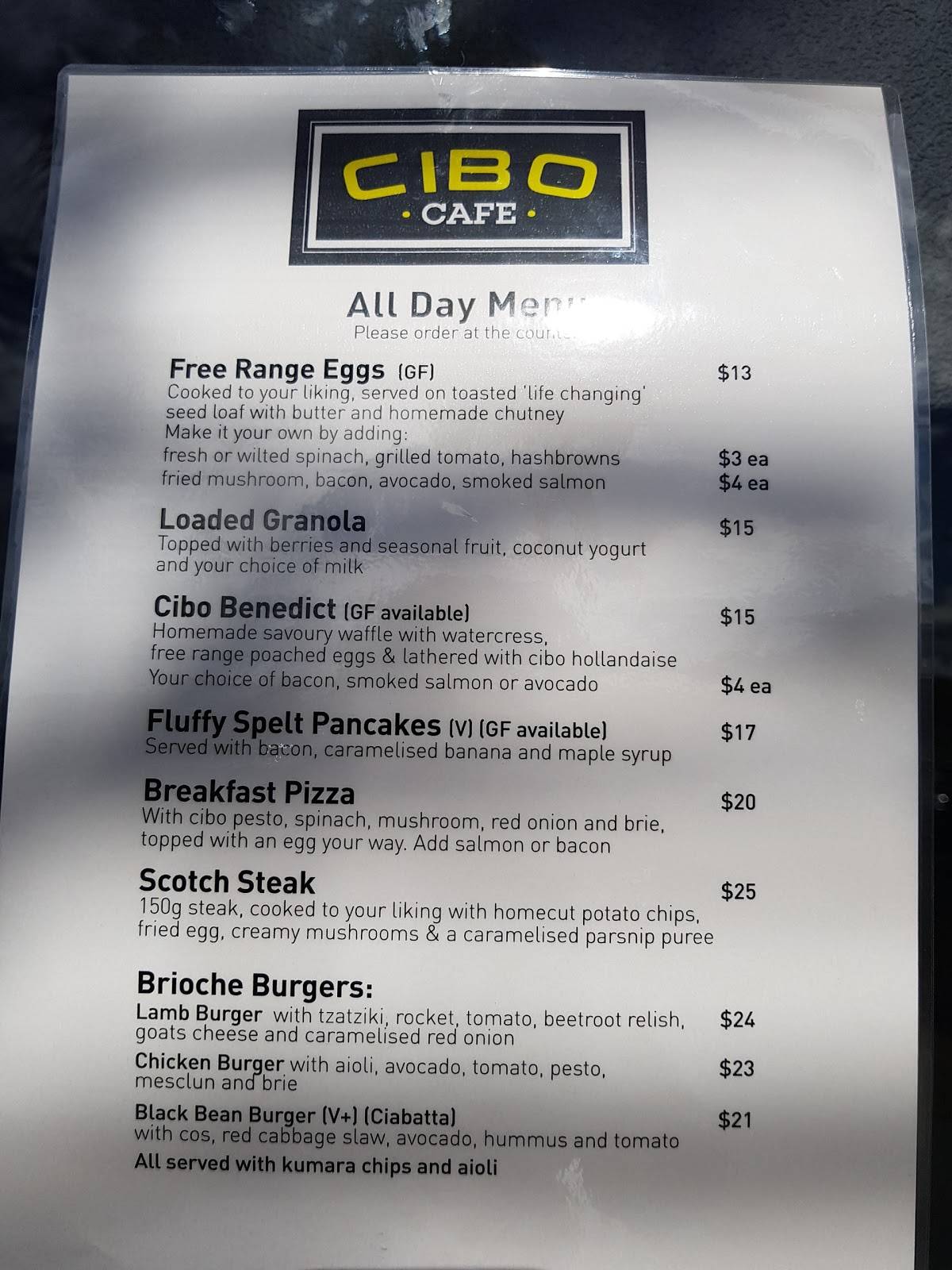 Menu at CIBO Cafe, Whangarei