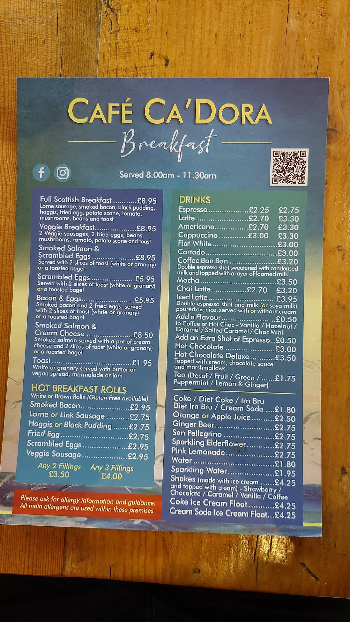 Menu at Cafe Ca'Dora, Tarbert