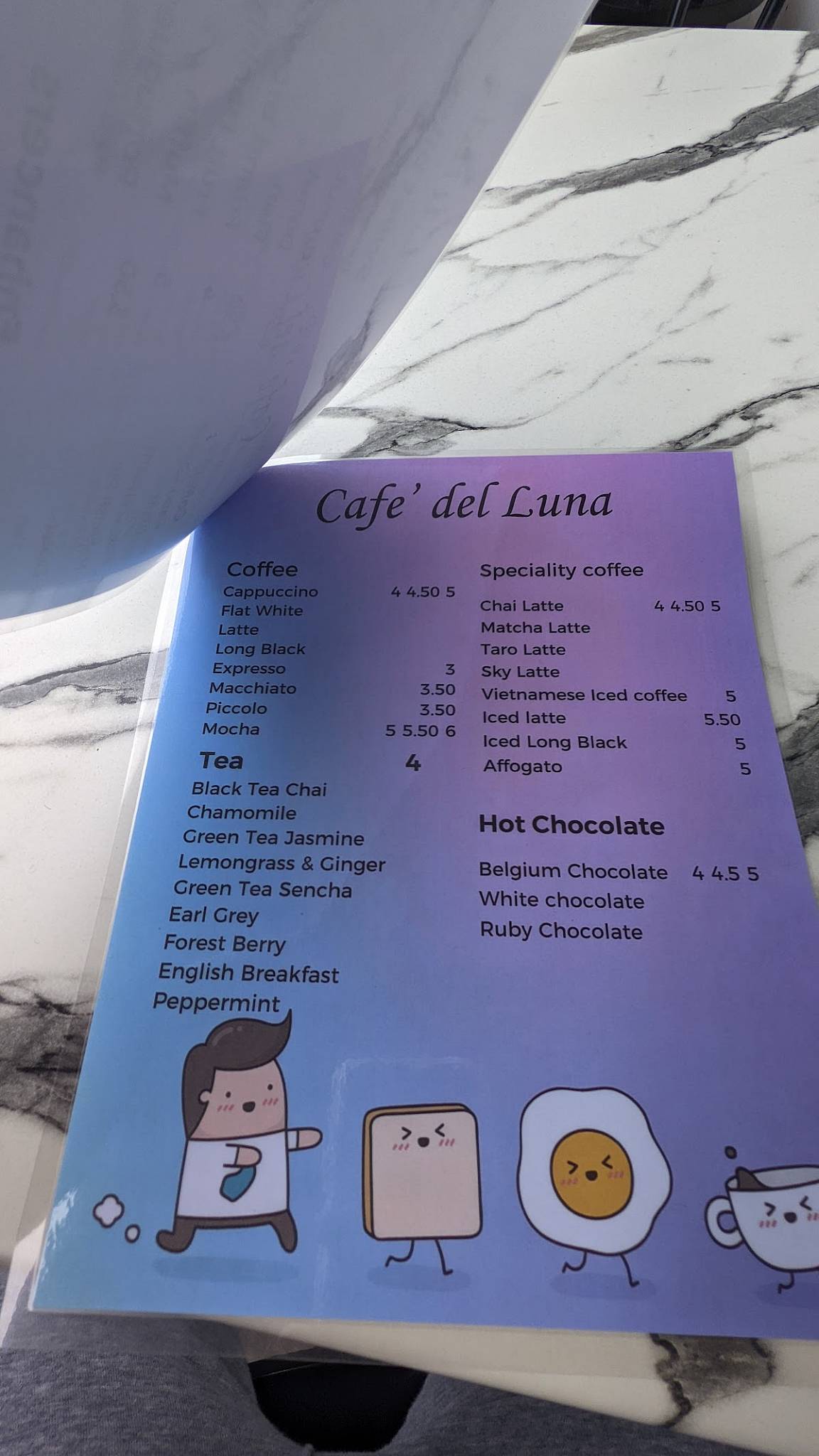 Menu at Cafe del Luna, Bonnyrigg