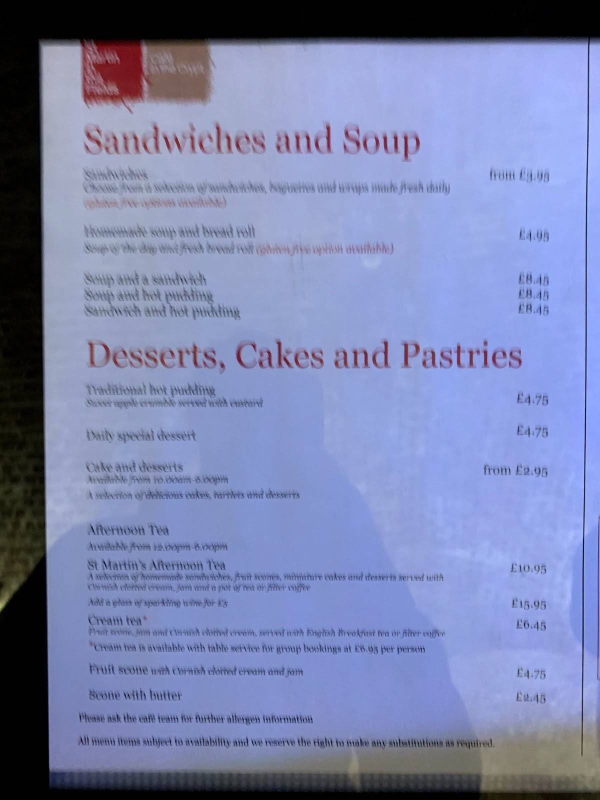Menu at Café in the Crypt cafe, London, Trafalgar Sq