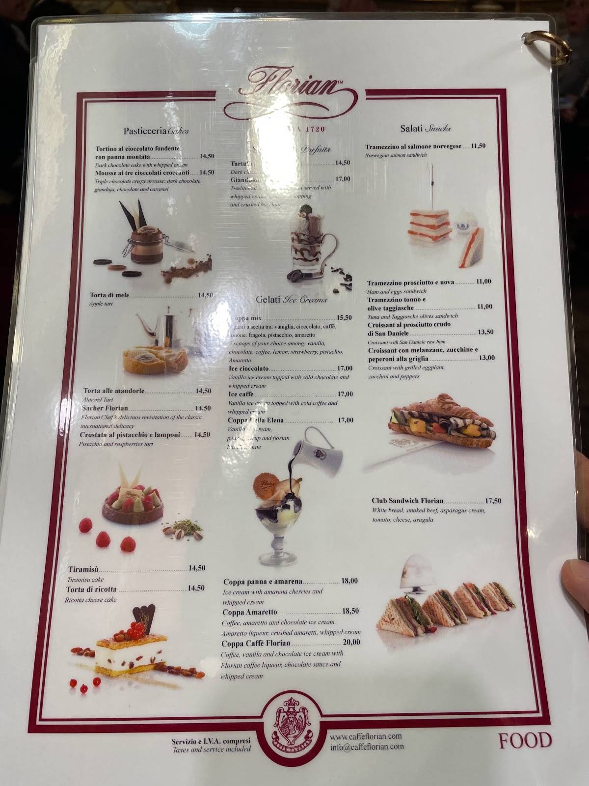 Menu da Caffè Florian caffè bar, Venezia, Piazza San Marco