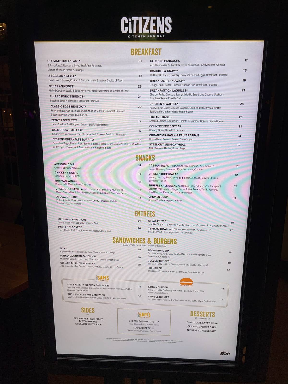 Menu at Citizens Kitchen & Bar, Las Vegas