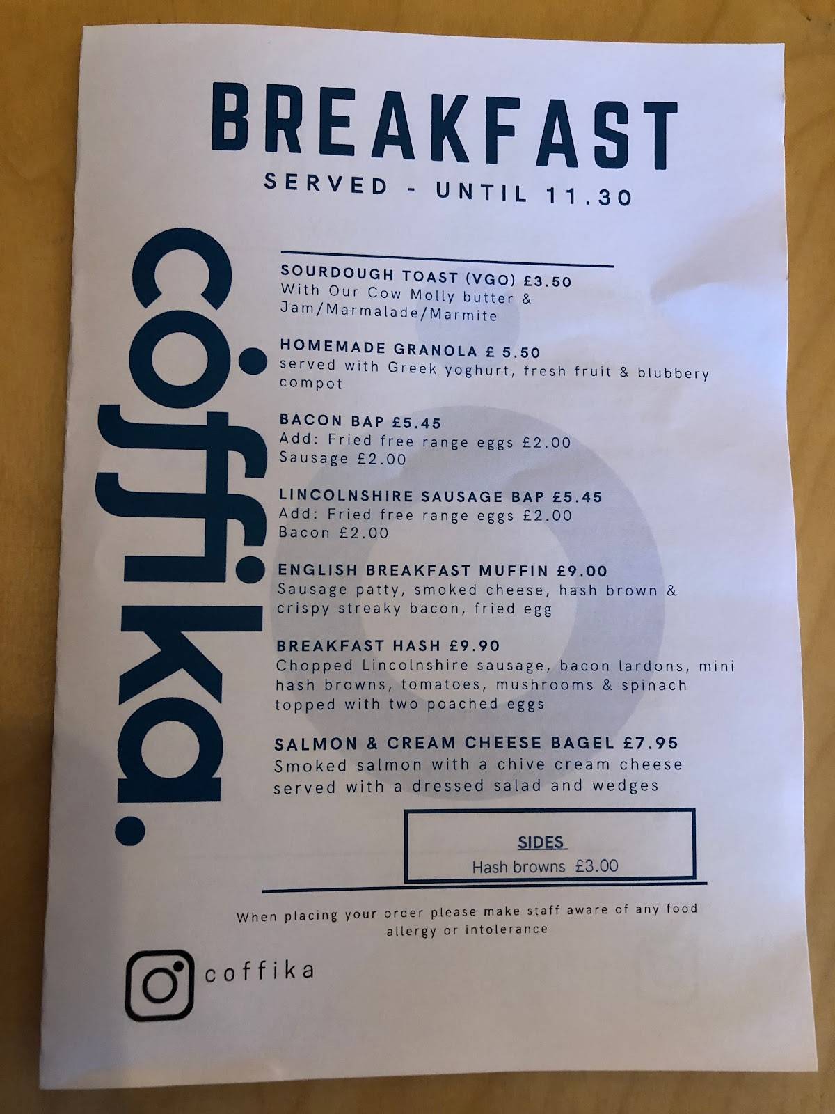 Menu at Coffika cafe, Sheffield, 412