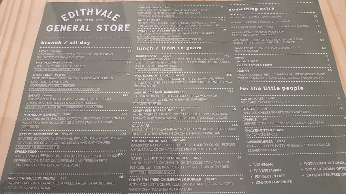 Menu at Edithvale General Store cafe, Edithvale