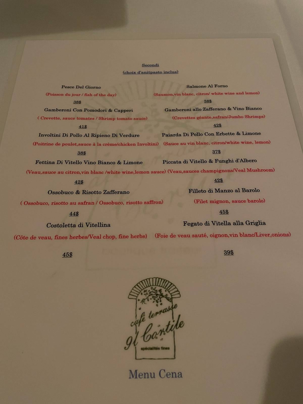 Menu at Café Il Cortile, Montréal