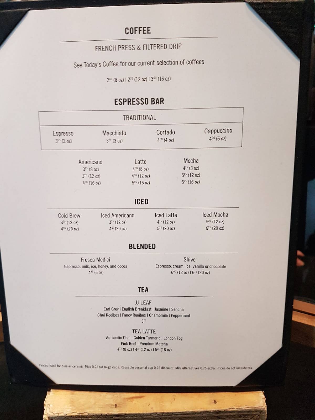 Menu at JJ Bean Coffee Roasters cafe, Vancouver, 425 Dunsmuir St