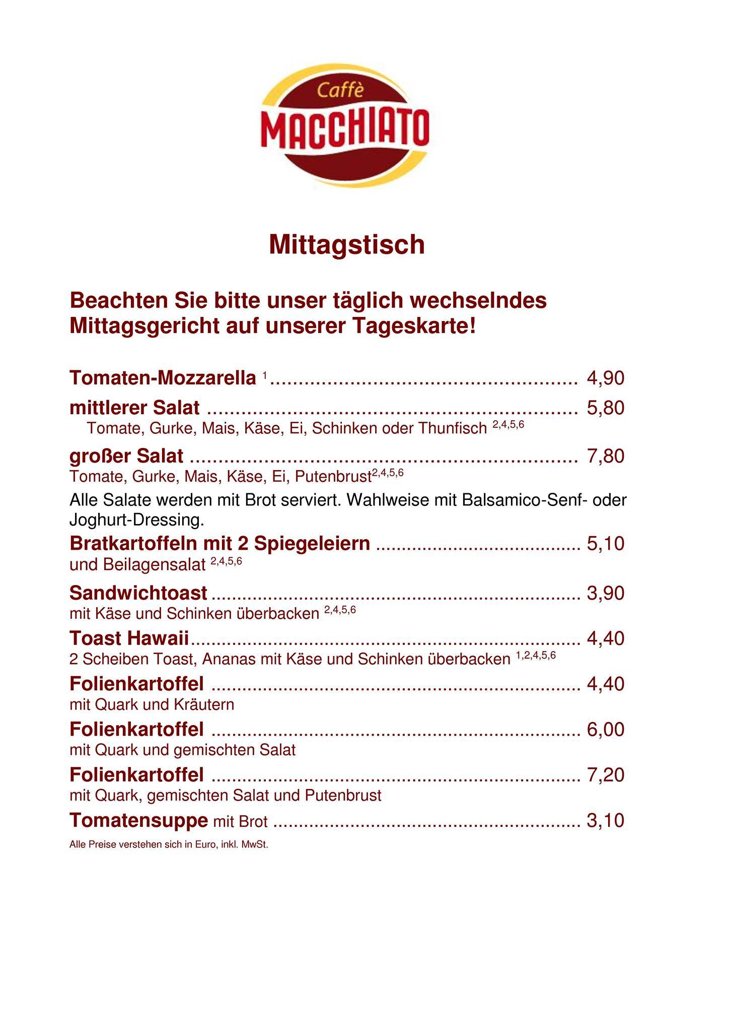 Speisekarte von Cafe Macchiato, Euskirchen