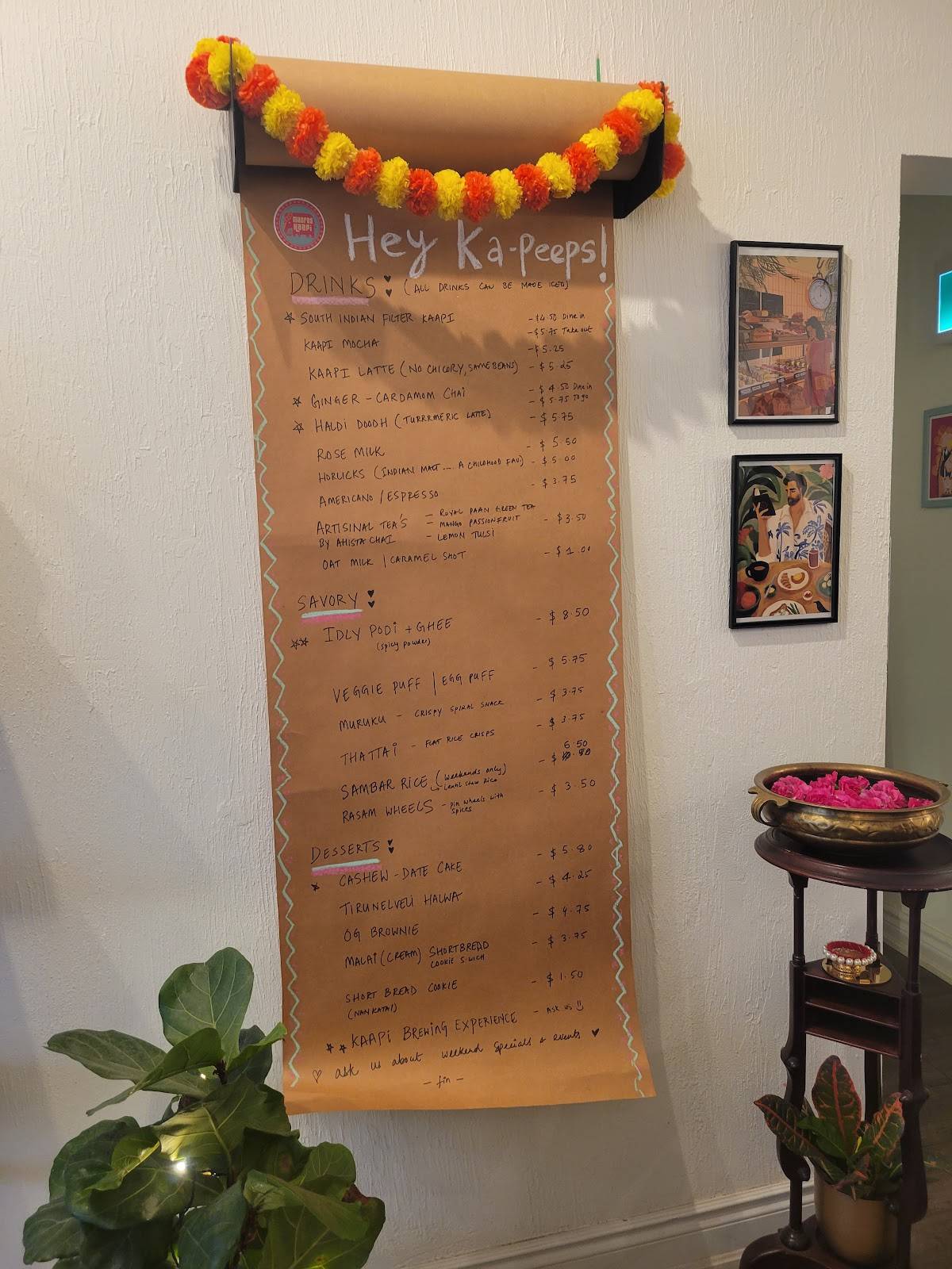 Menu au Madras Kaapi café, Toronto