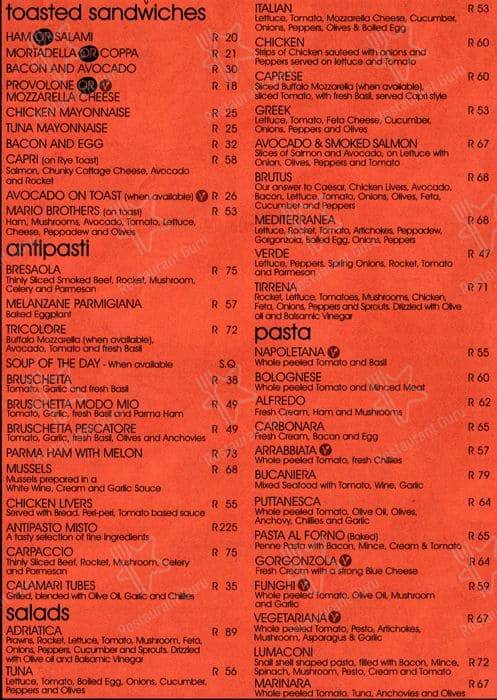 Menu at Caffe Mario Knysna restaurant, Knysna
