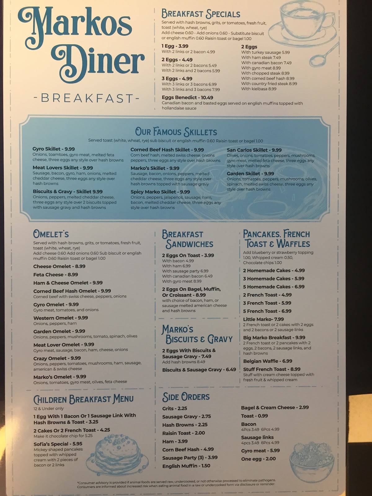 Menu at Marko's Diner cafe, Fort Myers