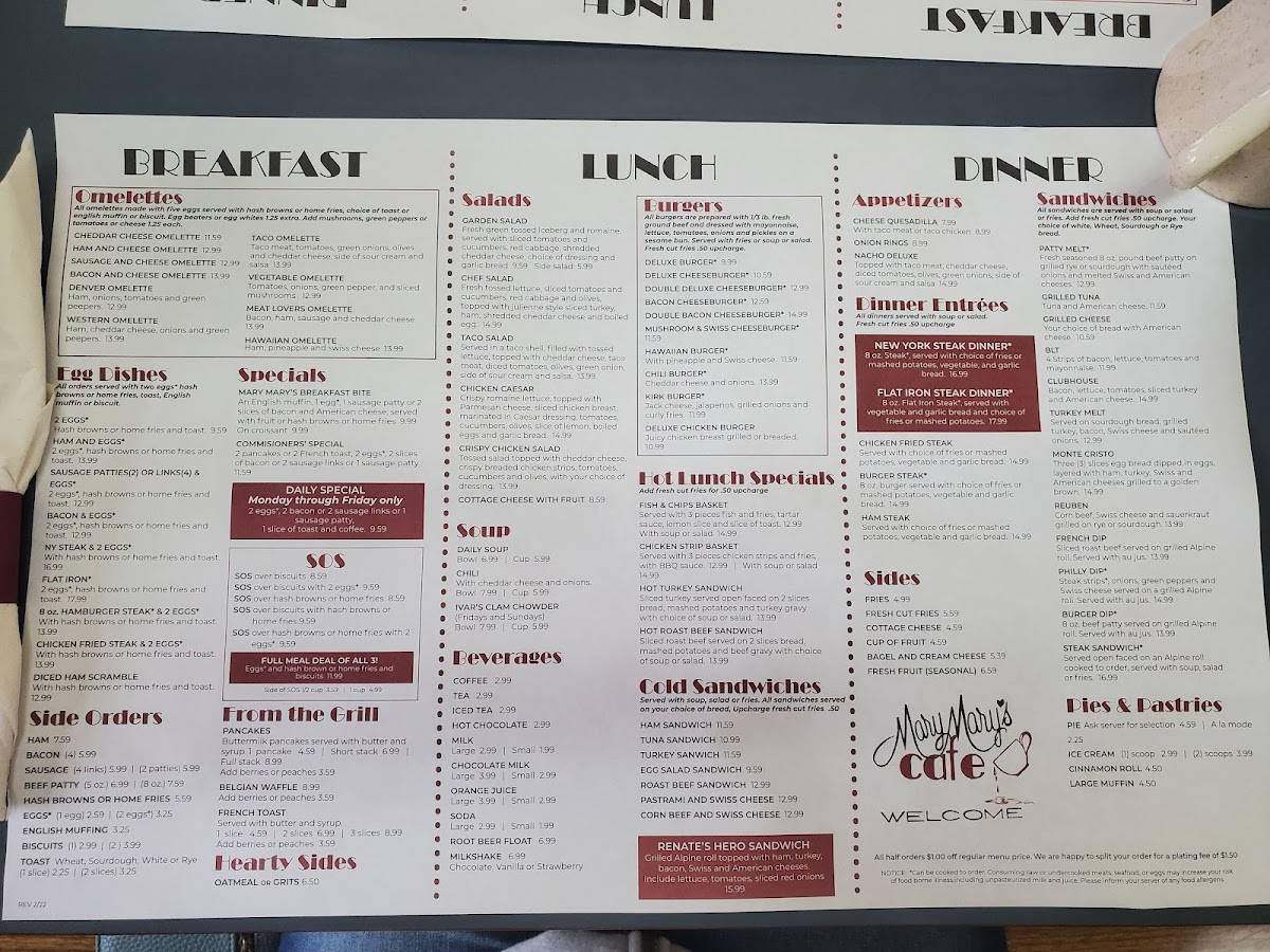 Menu at Mary Mary's Cafe, Spanaway