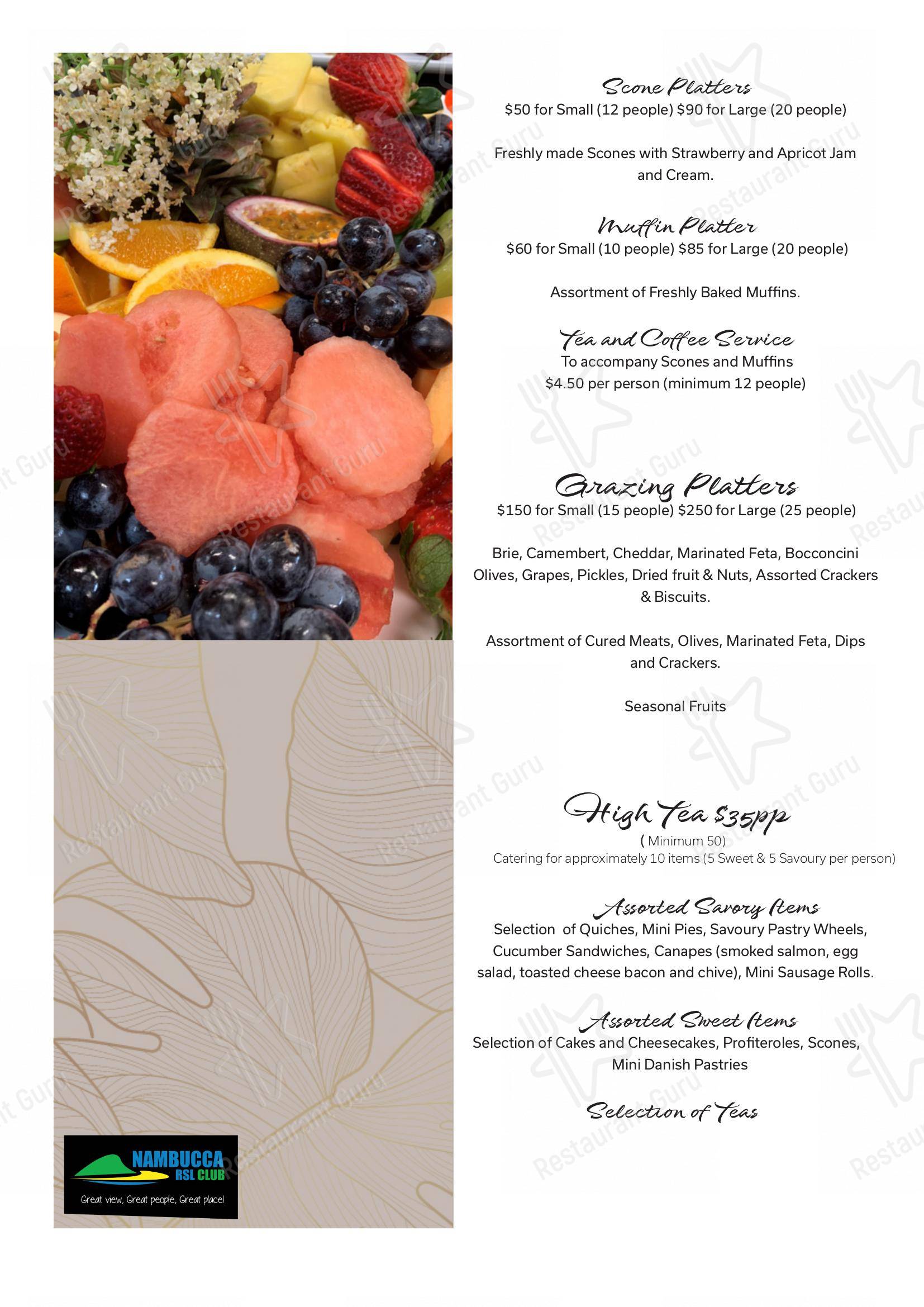 Menu at Nambucca Heads RSL Club, Nambucca Heads