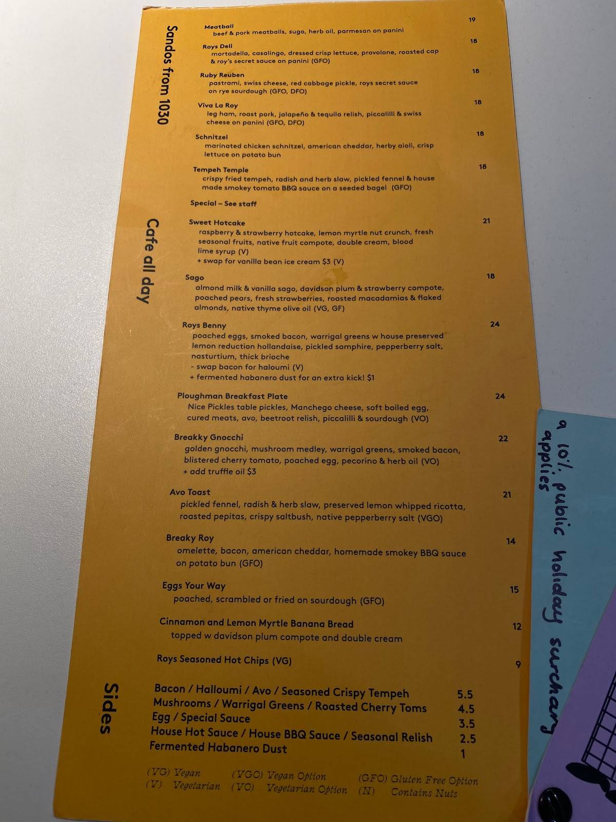 Menu at Our Boy Roy cafe, Clarence Park