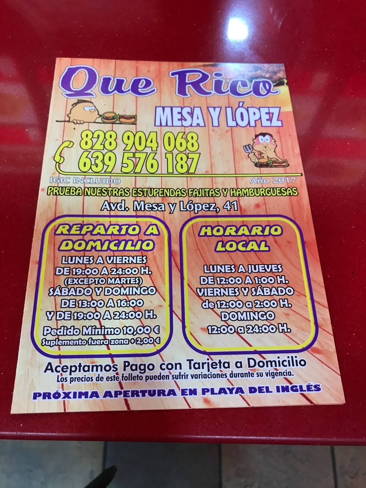 Carta del café Que Rico Mesa Y Lopez, Las Palmas del Gran Canaria