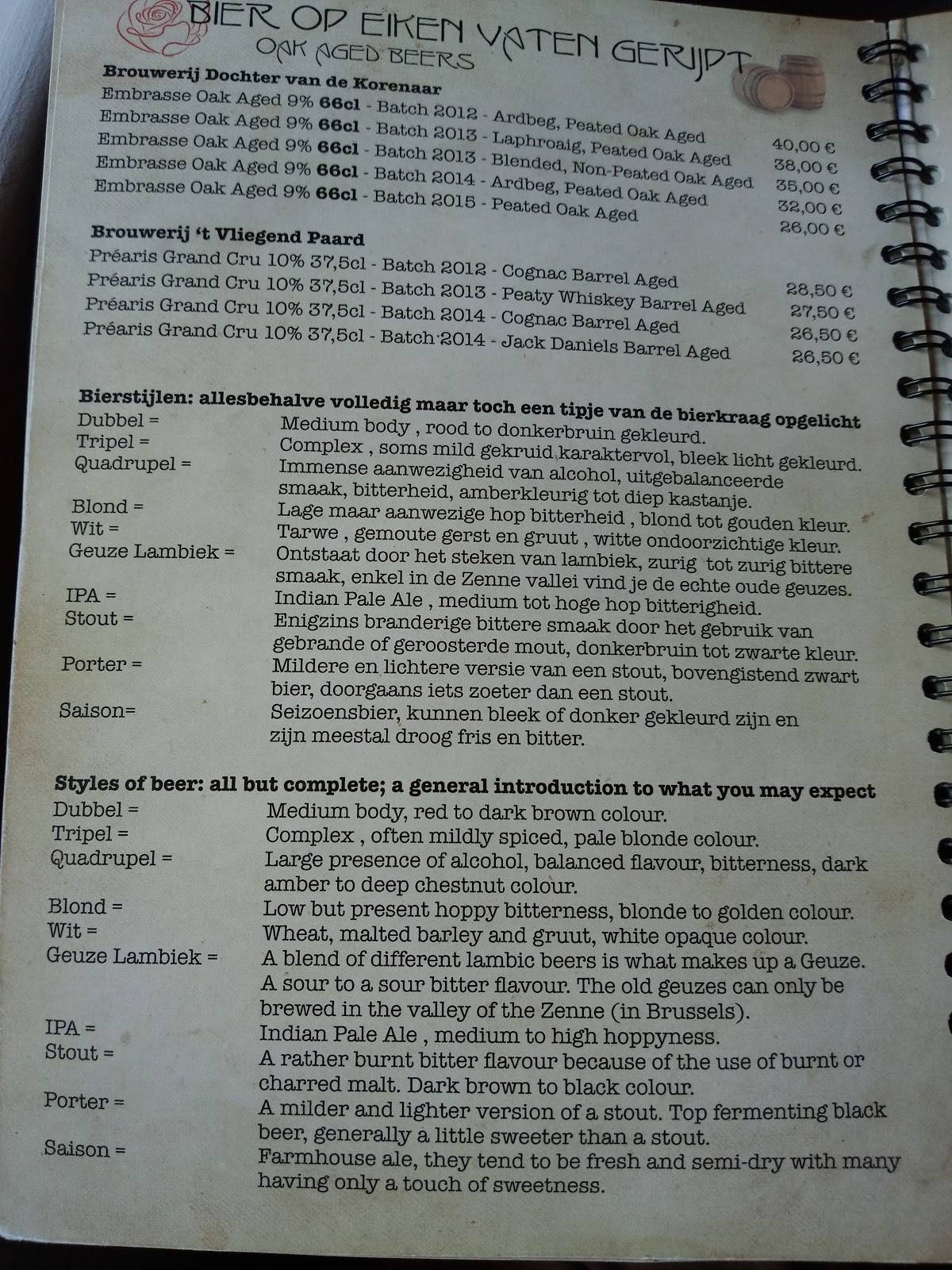 Menu at Cafe Rose Red, Bruges