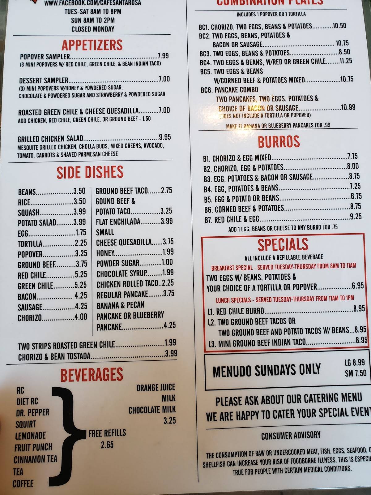 Menu at Cafe Santa Rosa, Tucson, S 6th Ave
