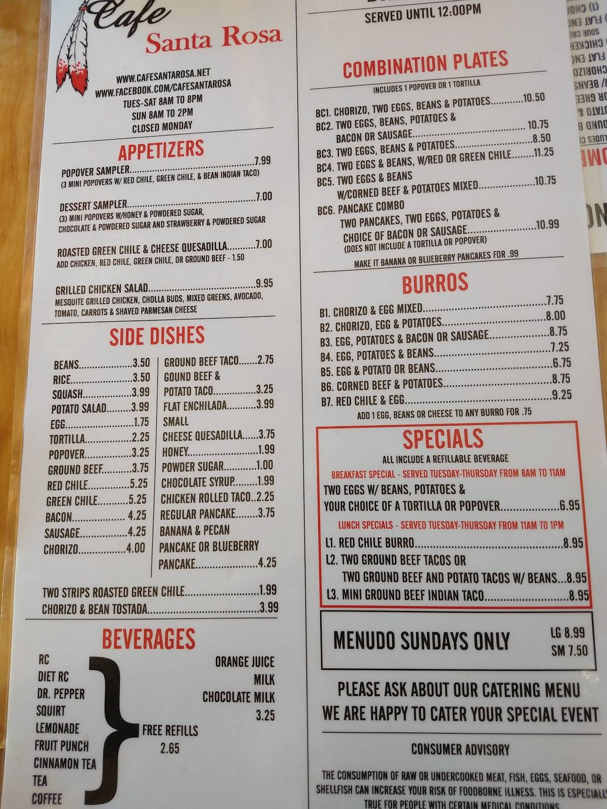 Menu at Cafe Santa Rosa, Tucson, S 6th Ave