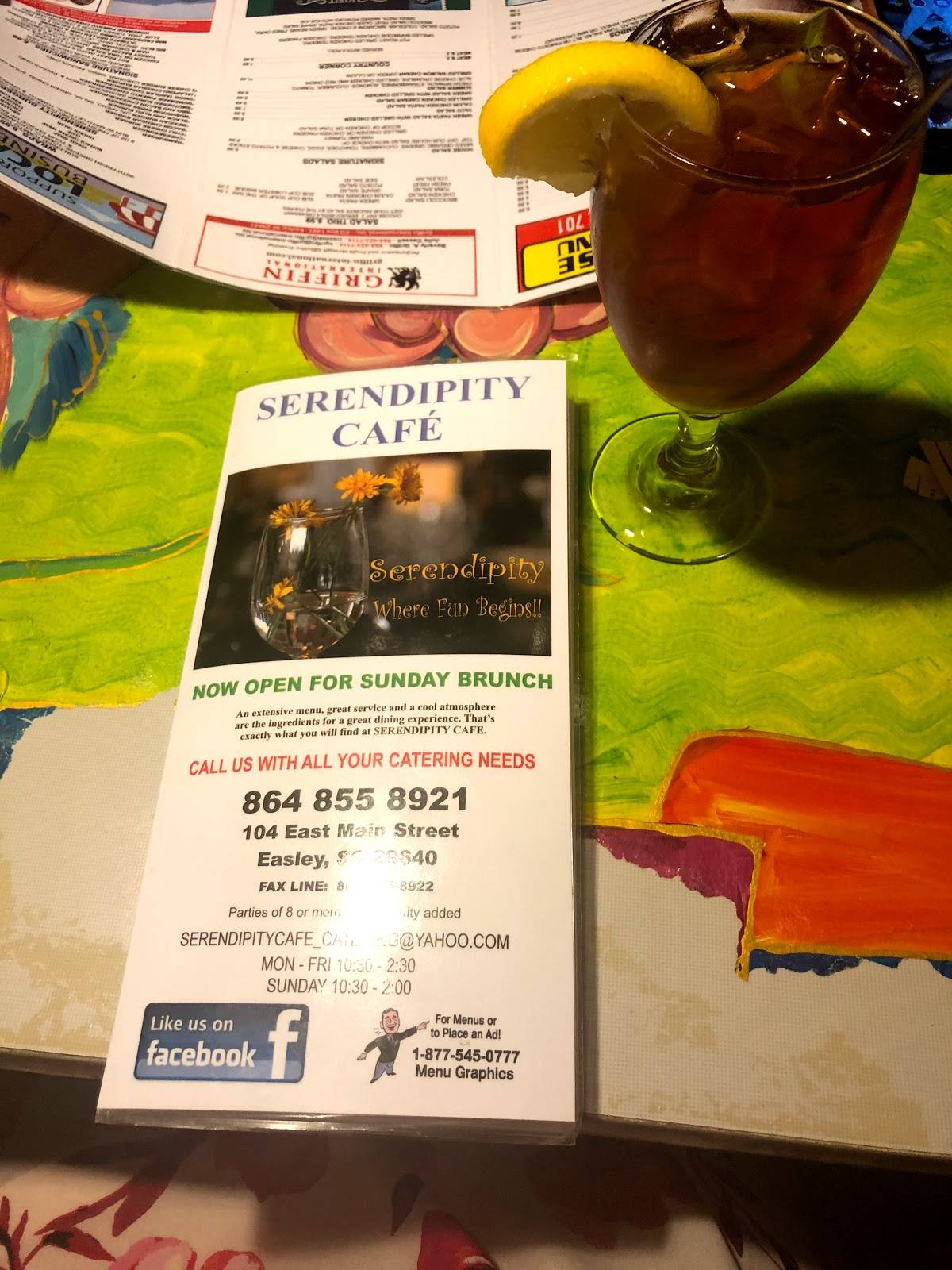 Menu at Serendipity Café cafe, Easley