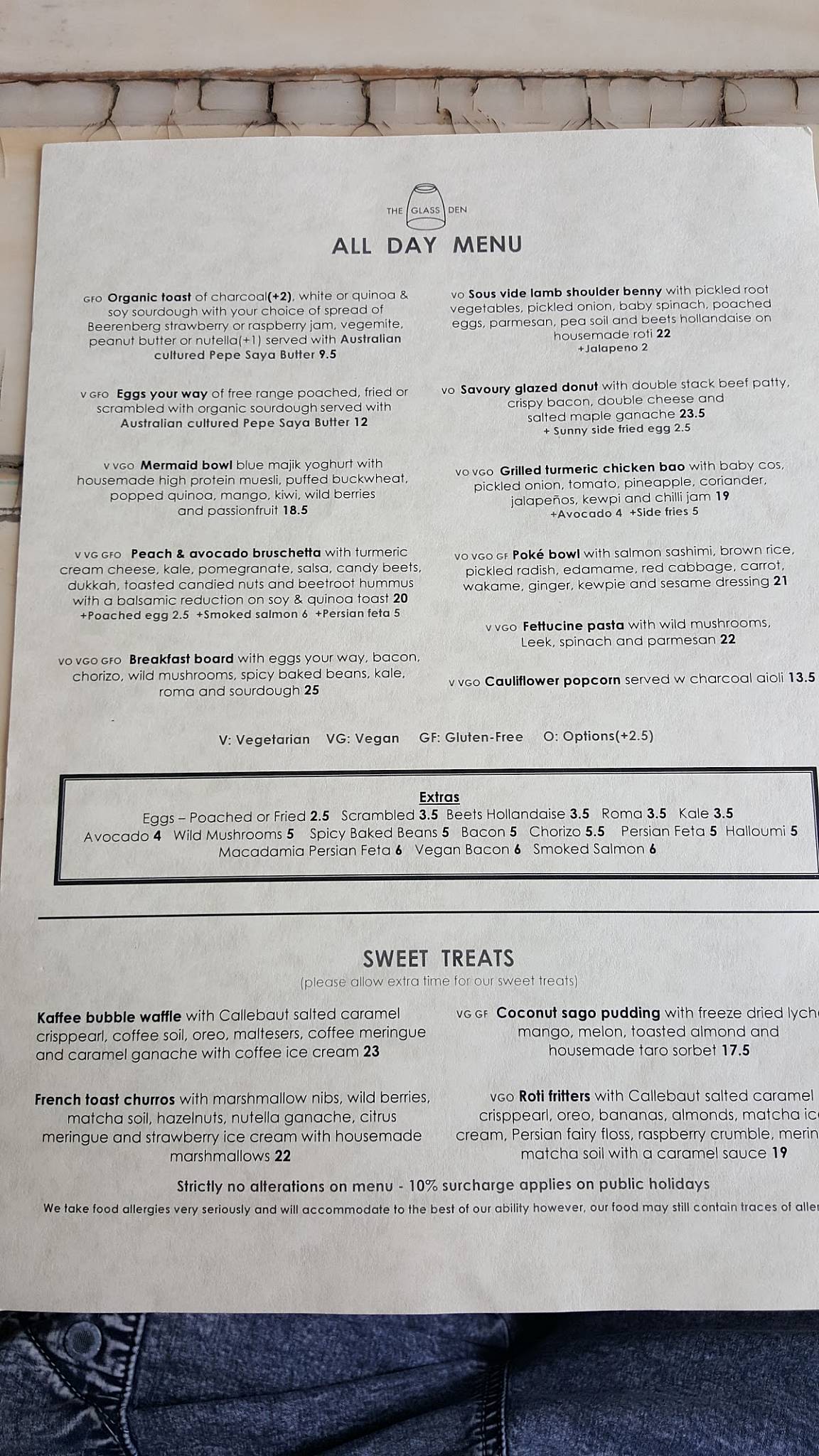 Menu at The Glass Den cafe, Coburg