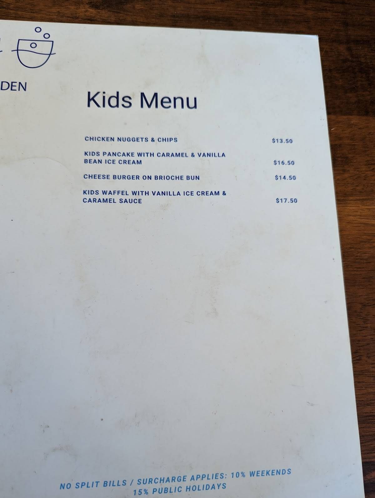 Menu at The Glass Den cafe, Coburg