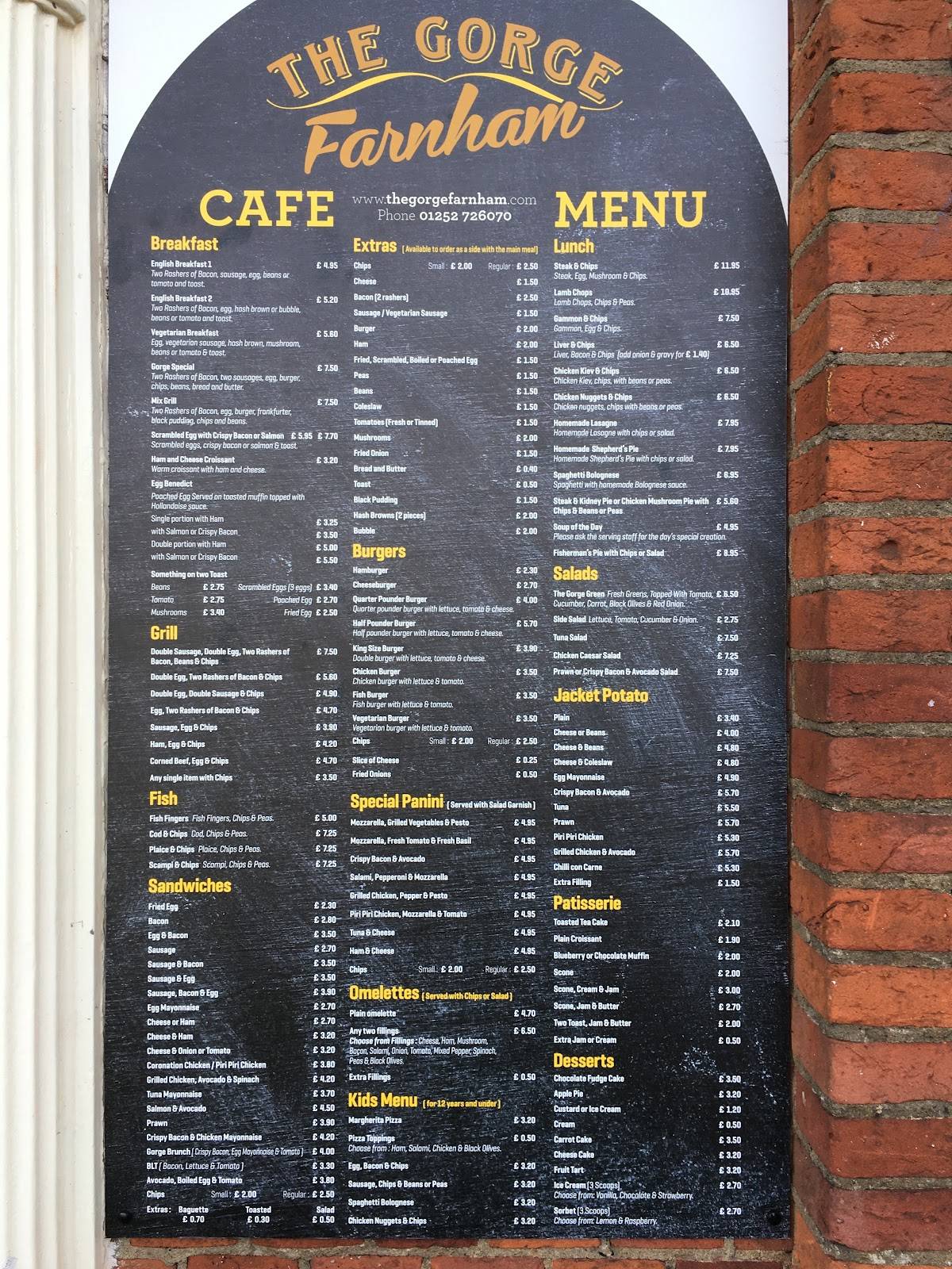 Menu at The Gorge cafe, Farnham