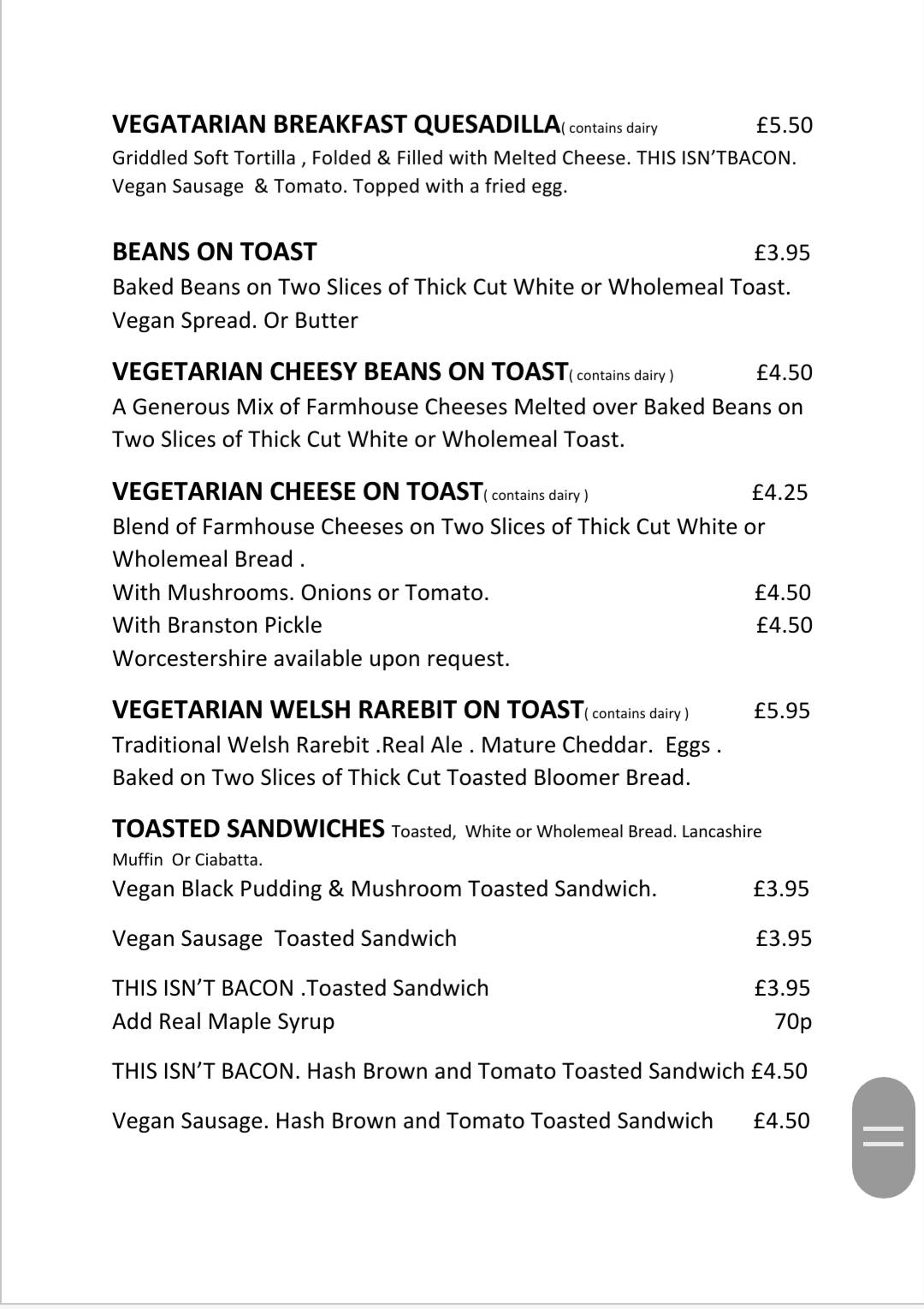 Menu at The Whistle Stop Cafe, Southport