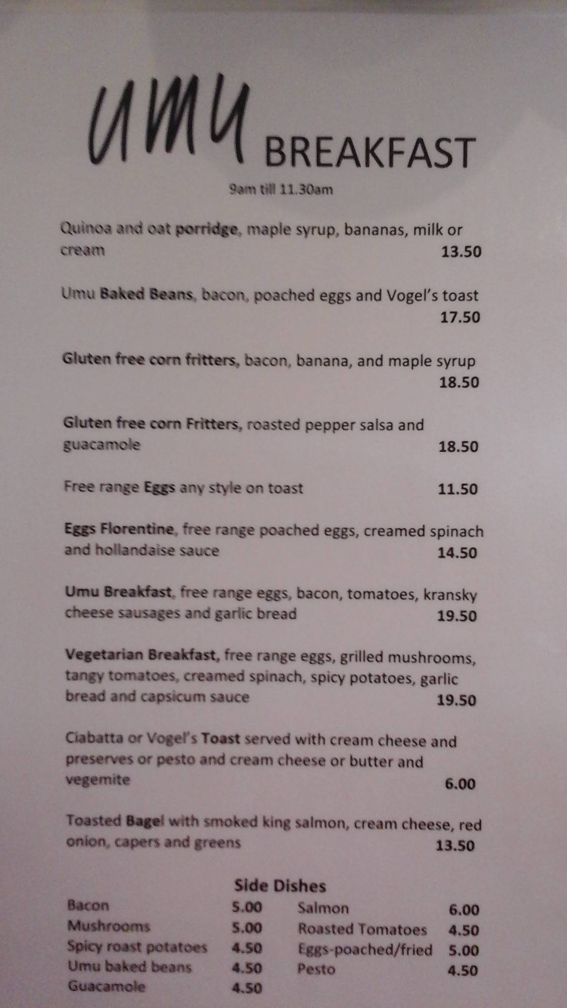 Menu at UMU Restaurant and Cafe, Coromandel