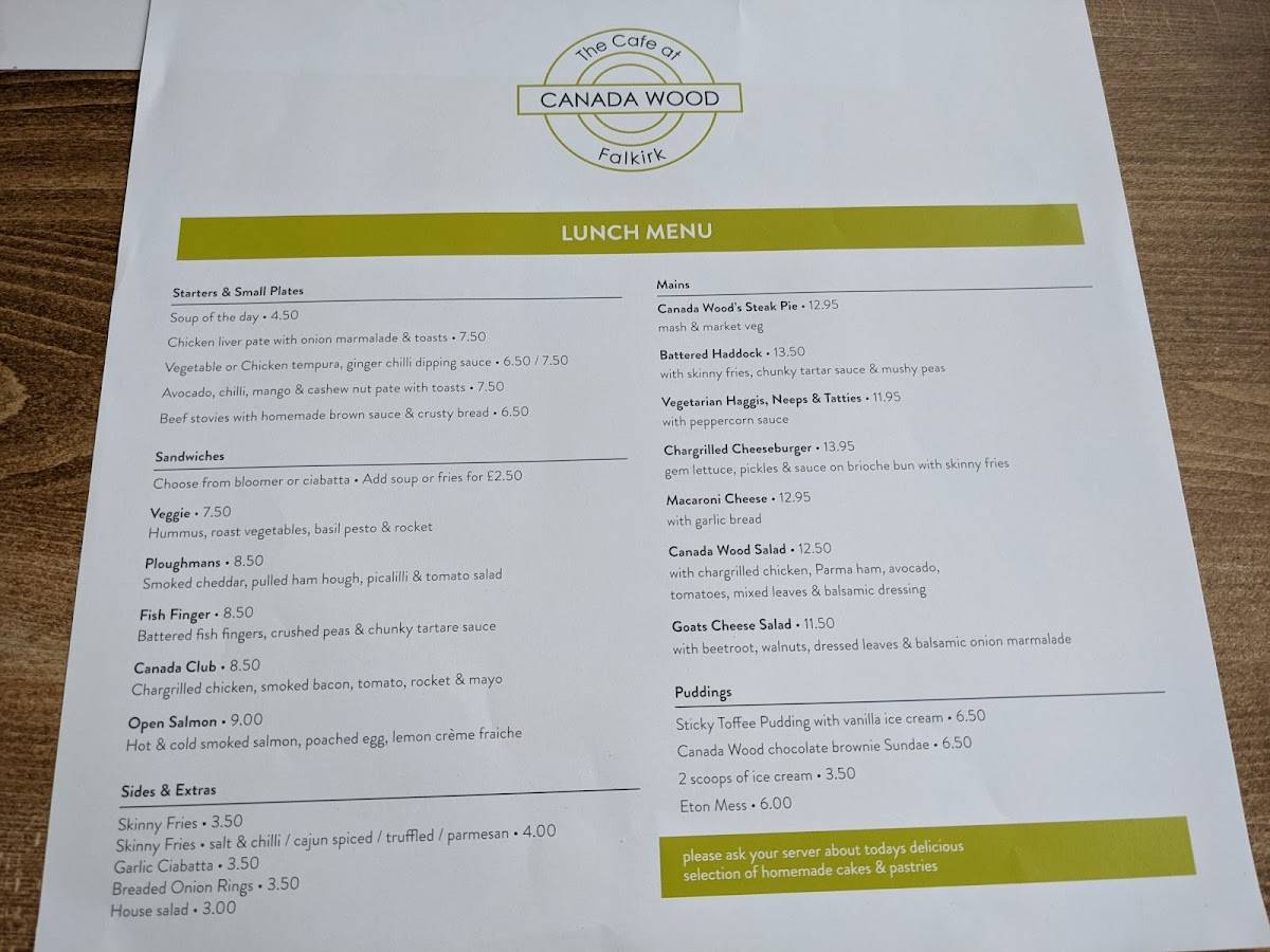 Menu at Cafe at Canada Wood, Falkirk
