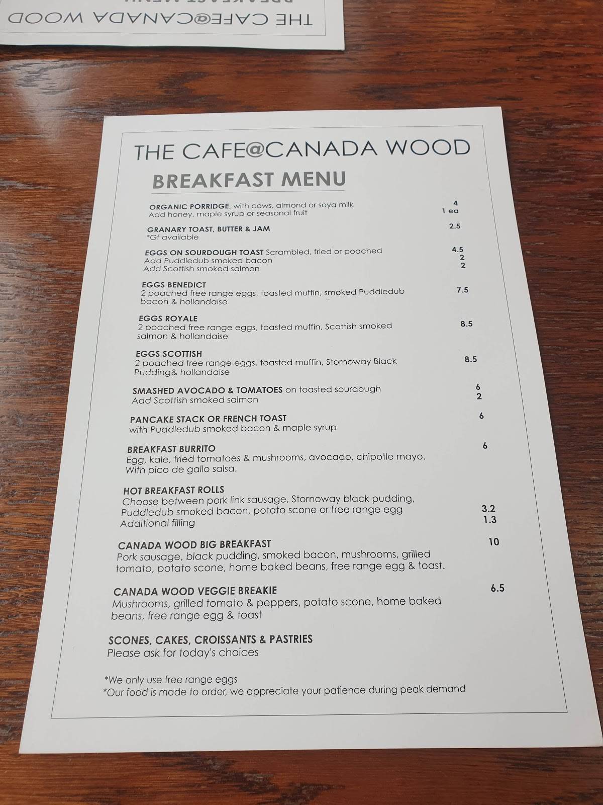 Menu at Cafe at Canada Wood, Falkirk