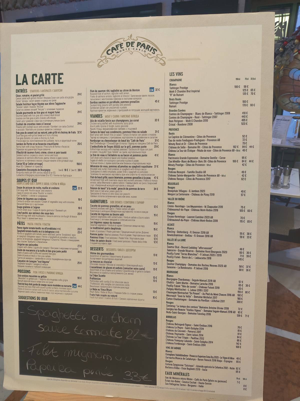 Menu au Le Restaurant Casino Café de Paris, Monaco