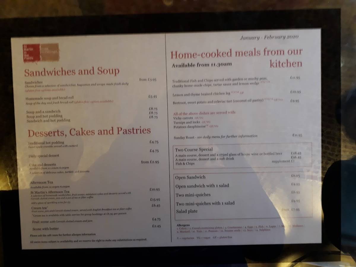Menu at Café in the Crypt cafe, London, Trafalgar Sq