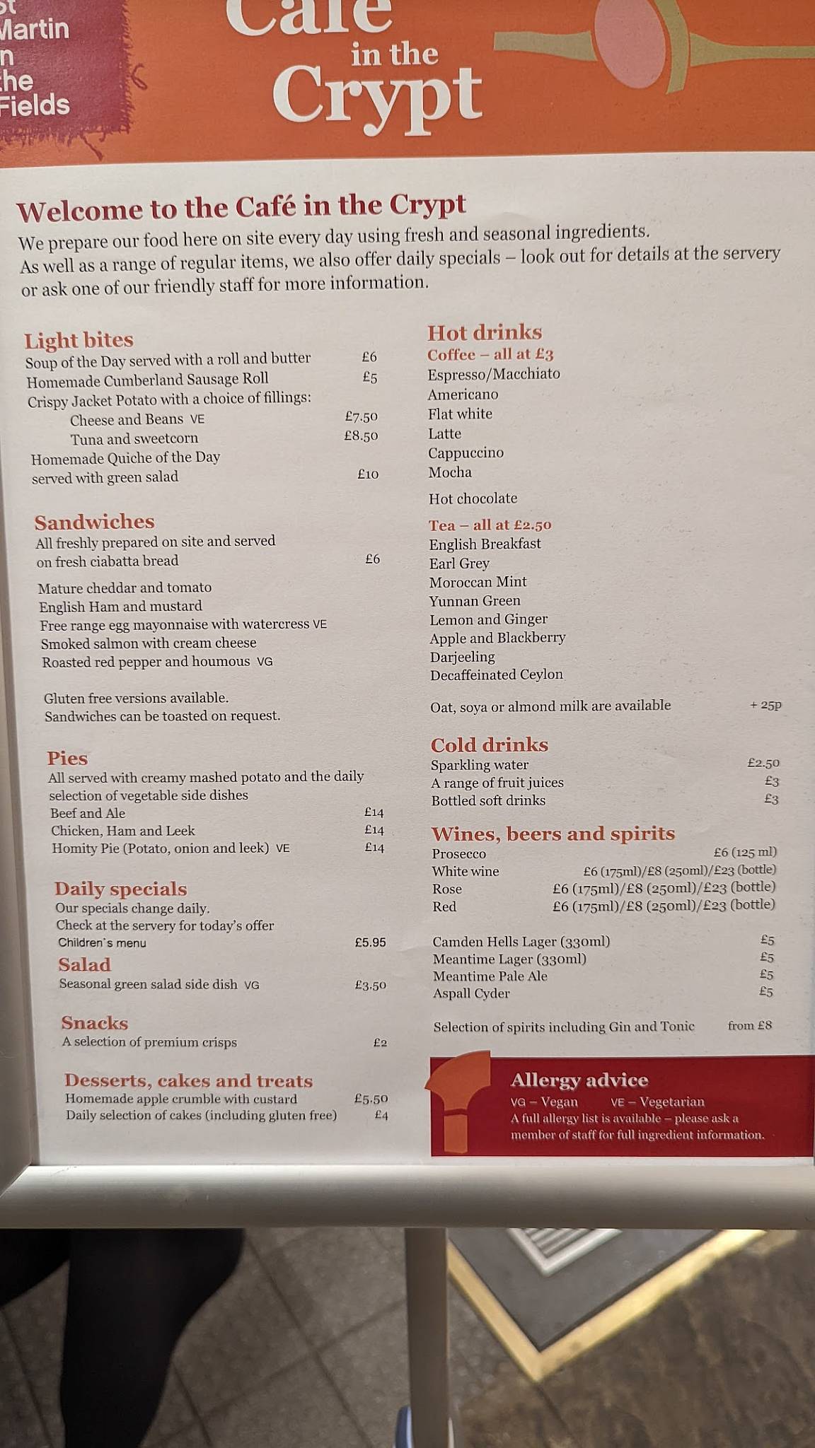 Menu at Café in the Crypt cafe, London, Trafalgar Sq