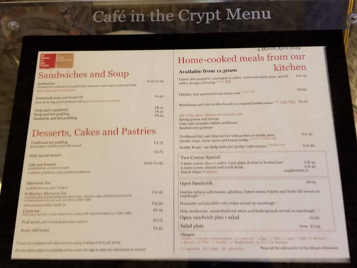 Menu at Café in the Crypt cafe, London, Trafalgar Sq