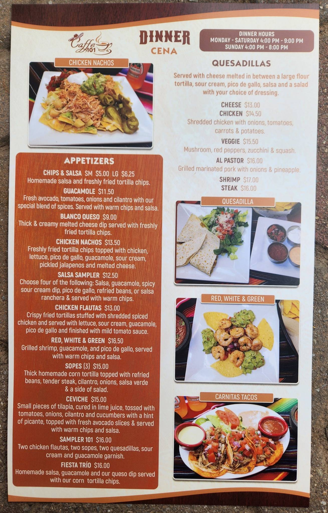 Menu at Caffe 101 cafe, Boiling Springs, 101 Front St