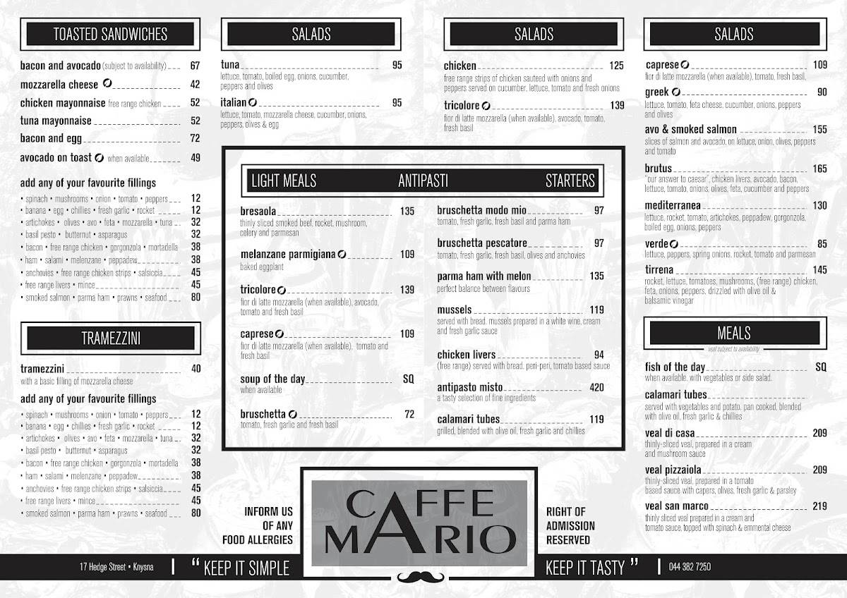 Menu at Caffe Mario Knysna restaurant, Knysna