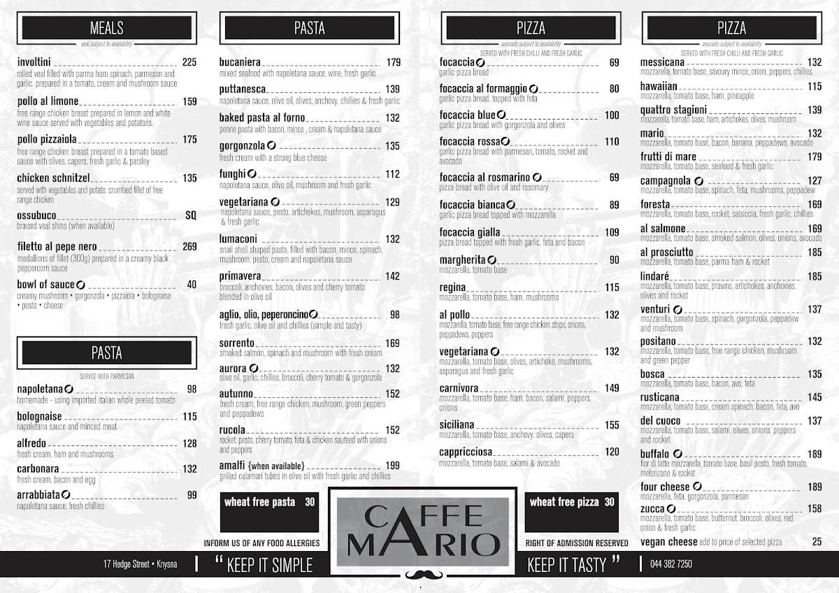 Menu at Caffe Mario Knysna restaurant, Knysna