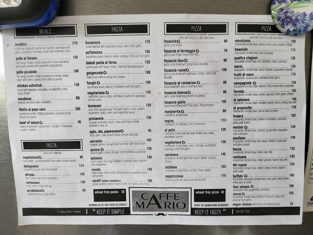 Menu at Caffe Mario Knysna restaurant, Knysna